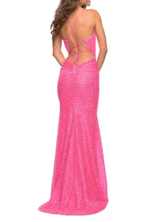 La Femme Iridescent Sequin Gown - Neon Pink