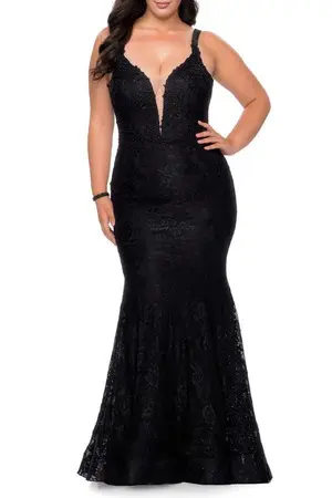 La Femme Fitted Lace Gown - Black