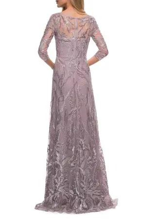 La Femme Sequin Lace Gown With Sheer Sleeves