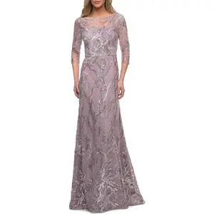 La Femme Sequin Lace Gown With Sheer Sleeves