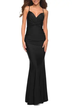 La Femme Knot-waist Open-back Jersey Gown - Black