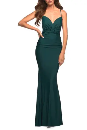 La Femme Knot-waist Open-back Jersey Gown - Emerald