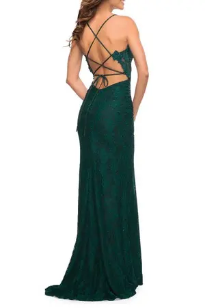 La Femme Illusion Lace Gown - Dark Emerald