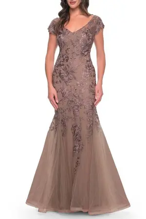 La Femme Lace And Tulle Mermaid Gown - Cocoa
