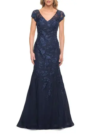 La Femme Lace And Tulle Mermaid Gown - Navy