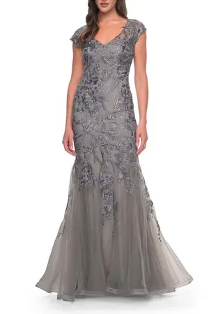 La Femme Lace And Tulle Mermaid Gown - Silver