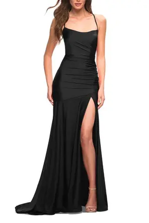 La Femme Long Jersey Gown With Ruching And Dramatic Skirt - Black