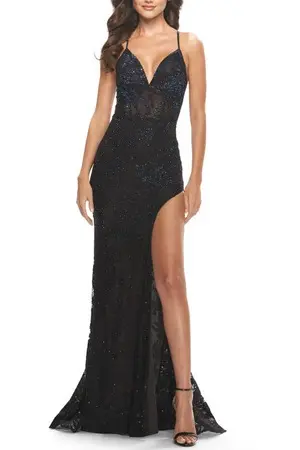 La Femme Rhinestone Embellished Lace Gown With Slit - Black