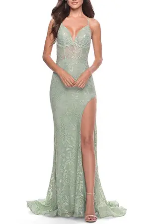 La Femme Rhinestone Embellished Lace Gown With Slit - Sage