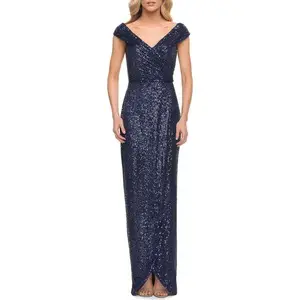 La Femme Sequin Evening Gown - Navy