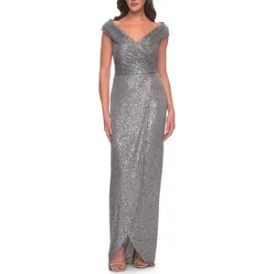 La Femme Sequin Evening Gown - Silver
