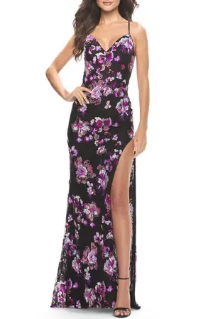 La Femme Floral Print Sequin Lace Dress - Black