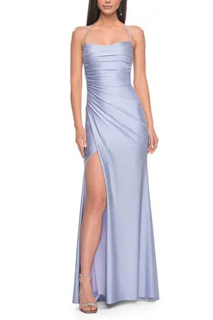 La Femme Jersey Gown With Ruching - Light Periwinkle