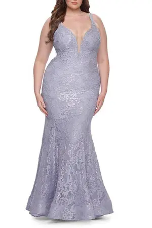 La Femme Mermaid Lace Gown With V-neck - Light Periwinkle