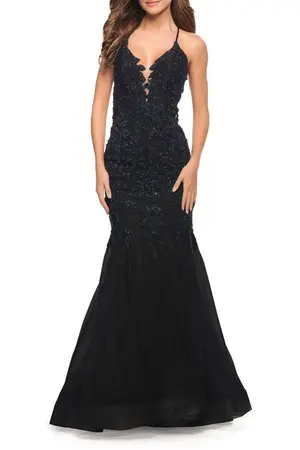 La Femme Mermaid Tulle And Lace Jeweled Gown - Black