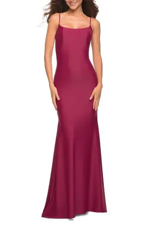 La Femme Luxe Jersey Gown With Train And V Back - Berry