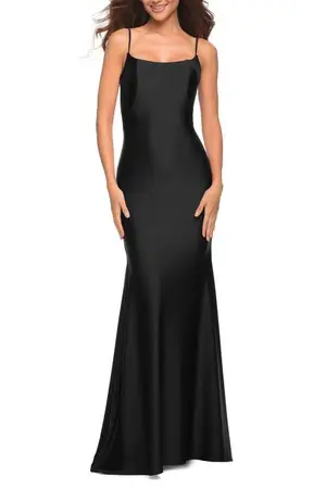 La Femme Luxe Jersey Gown With Train And V Back - Black