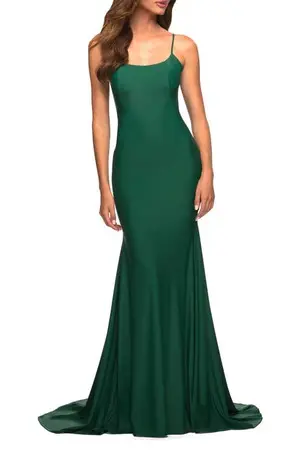 La Femme Luxe Jersey Gown With Train And V Back - Emerald