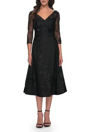 La Femme Lace Tea Length Dress With Sleeves - Black