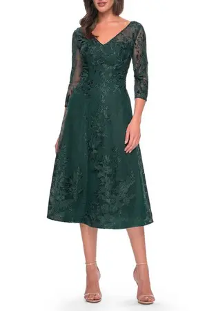 La Femme Lace Tea Length Dress With Sleeves - Dark Emerald