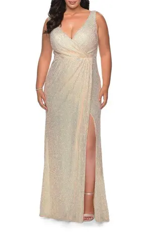 La Femme Sequin Gown With V-neck And Slit - Champagne