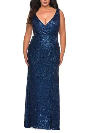 La Femme Sequin Gown With V-neck And Slit - Navy