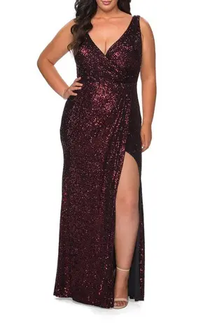LABOMME Sequin Gown With V-neck And Slit - Wine
