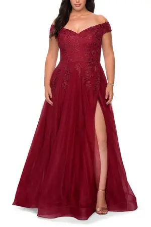 La Femme Off The Shoulder Tulle Gown With Lace - Burgundy