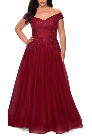 La Femme Off-the-shoulder Tulle Gown With Lace - Burgundy