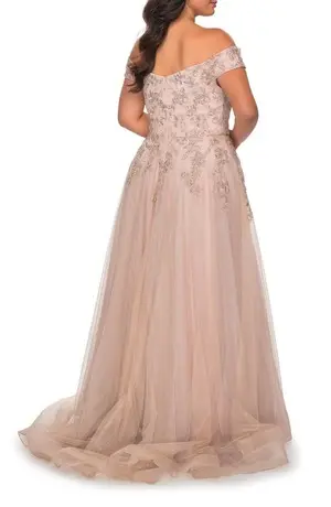 La Femme Off-the-shoulder Tulle Gown With Lace - Champagne