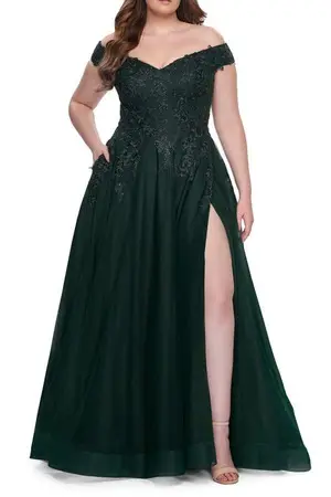 La Femme Off-the-shoulder Tulle Gown With Lace - Dark Emerald
