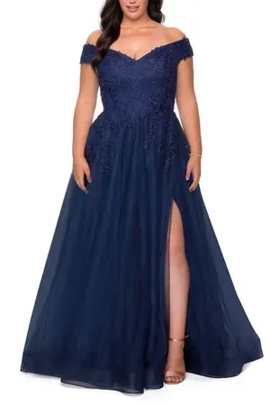 La Femme Off The Shoulder Tulle Gown With Lace - Navy