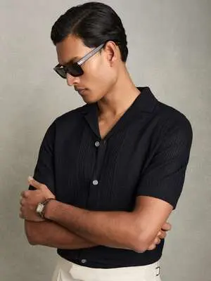 REISS Kipling Textured-knit Short-sleeve Shirt - Navy