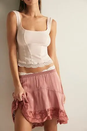 Free People Intimately Midnight Muse Mini Slip Skirt With Crochet Trim - Old Rose