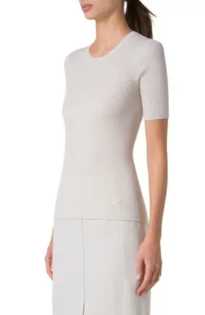 Akris Short Sleeve Silk & Cotton Rib Sweater - Greige