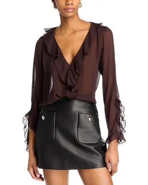 LUCY PARIS V-neck Ruffle Top - Brown