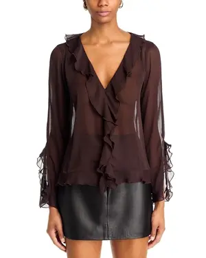 LUCY PARIS V-neck Ruffle Top - Brown