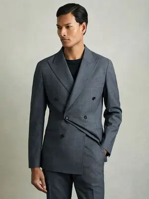 REISS Malibu Regular-fit Double-breasted Sharkskin Wool-blend Suit Blazer