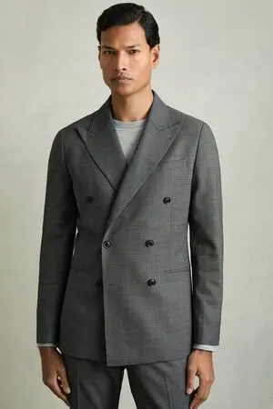 REISS Malibu Regular-fit Double-breasted Sharkskin Wool-blend Suit Blazer