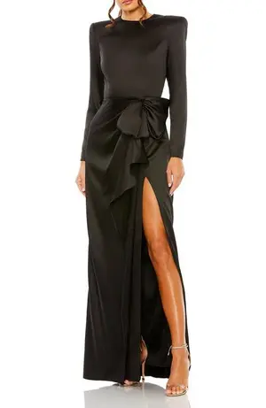 Mac Duggal Long Sleeve Satin Draped Column Gown With Bow - Black