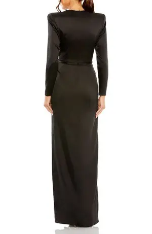 Mac Duggal Long Sleeve Satin Draped Column Gown With Bow - Black