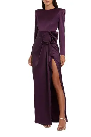 Mac Duggal Long Sleeve Satin Draped Column Gown With Bow - Eggplant