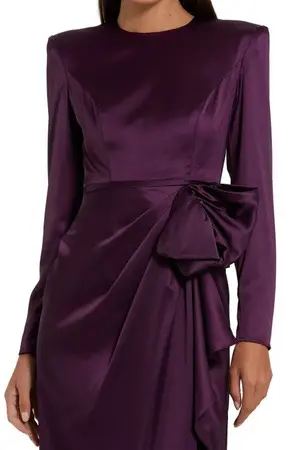 Mac Duggal Long Sleeve Satin Draped Column Gown With Bow - Eggplant