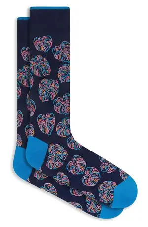 Bugatchi Leaf Pattern Mercerized Cotton Blend Dress Socks - Navy