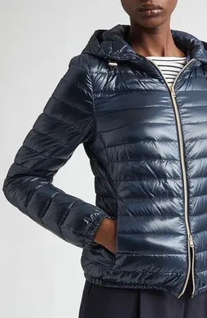 Herno Angela Hooded Ultralight Nylon Down Bomber Jacket - 9200 Navy