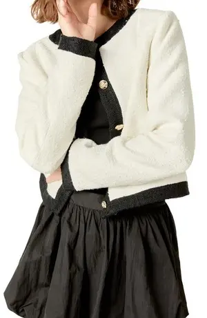 English Factory Collarless Tweed Jacket - White/ Black