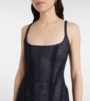 MUGLER Mesh-trimmed Denim Midi Dress