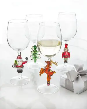 Neiman Marcus Mixed Figural Christmas Wine Glasses, Set Of 4 - One-color