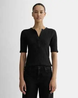 Everlane Rib-knit Short-sleeve Henley Sweater - Black