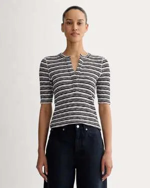 Everlane Rib-knit Short-sleeve Henley Sweater - Bone/black